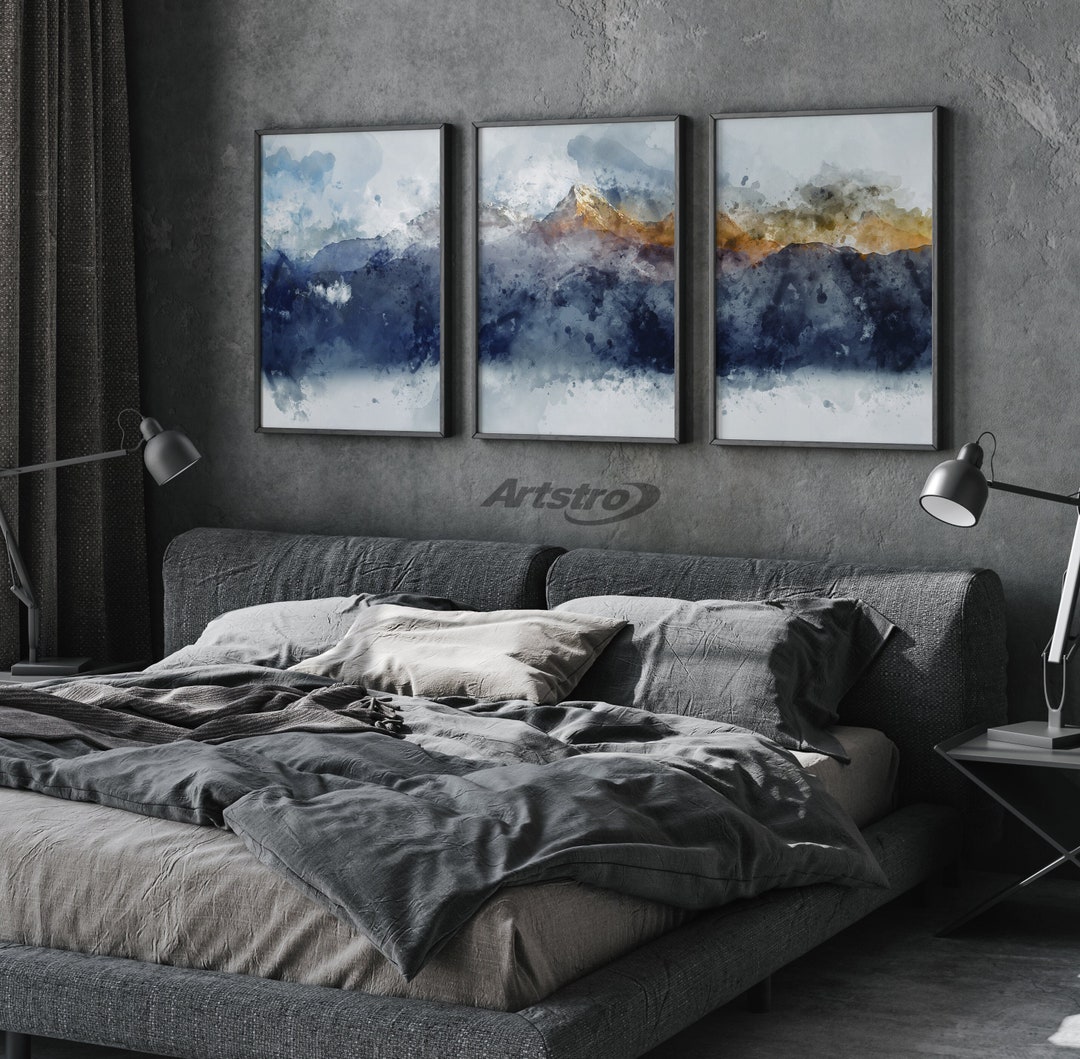 Set of 3 Abstract Art Prints of Paintings Navy Blue Yellow Golden Orange Wall Art Print Poster ...