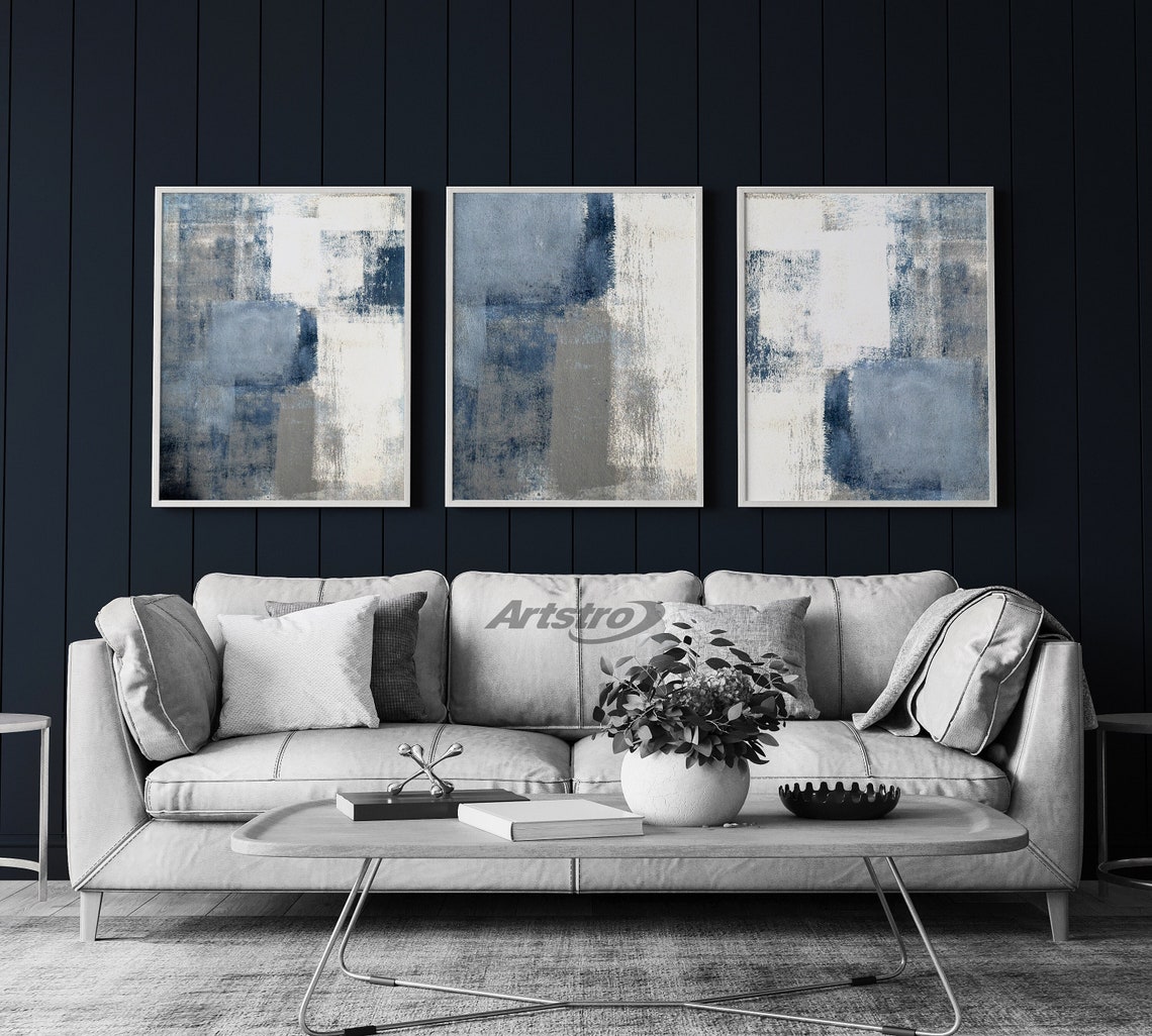 Navy Blue Grey Abstract Wall Artabstract Arta2set of 3 - Etsy