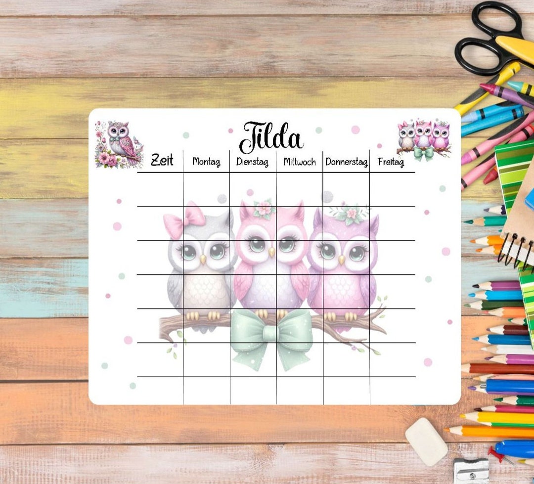 Timetable Personalized Owl Wipeable With Name Girl Gift School ...
