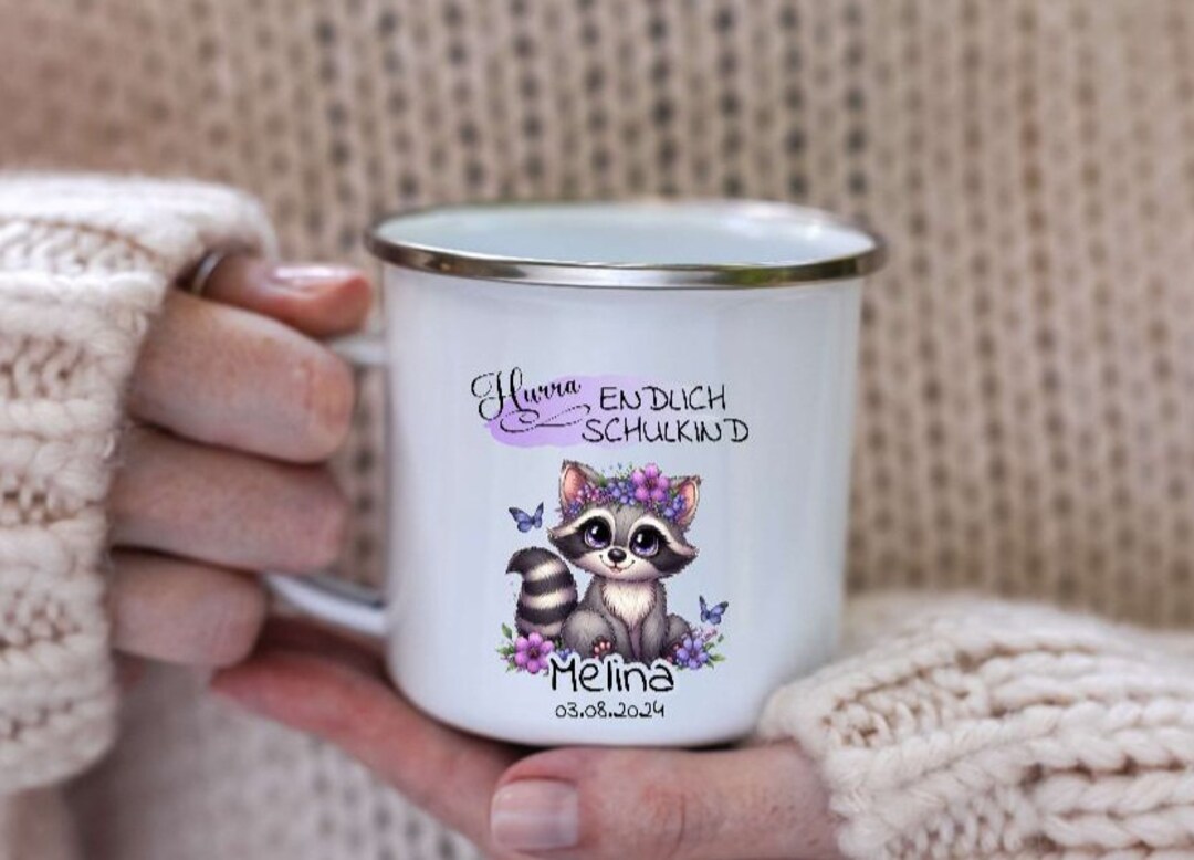 Schulkind Tasse Waschbär personalisiert mit Name Geschenk Einschulung Schulanfang Schulstart ...