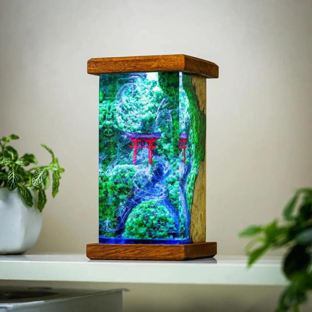 Torii Gate Resin Lamp – Japanese Forest Light Box, Zen Handmade Night ...