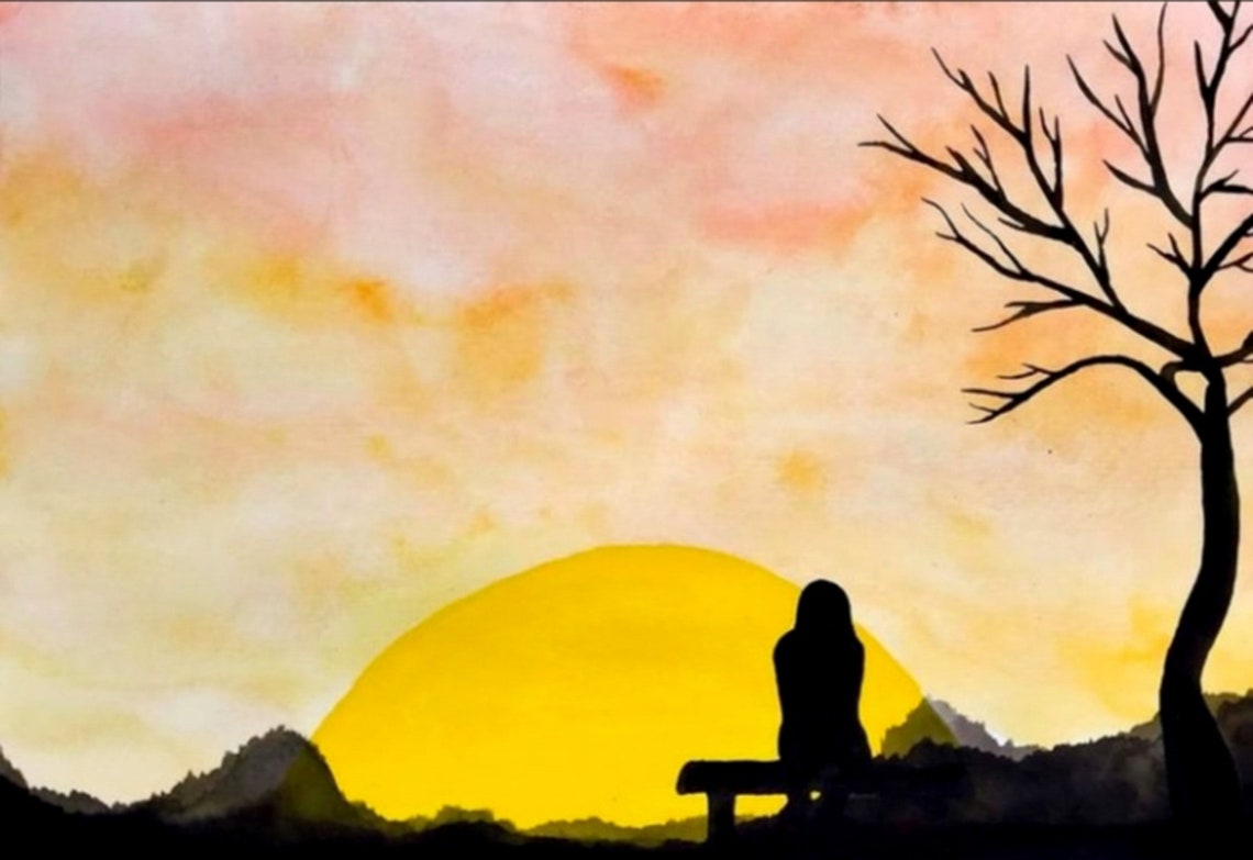 Nature watercolor painting calm art print girl watercolor | Etsy