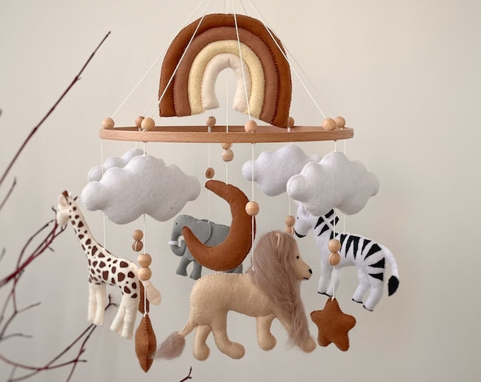 Safari Nursery Mobile With Rainbow , Realistic Felt Animals Lion ...
