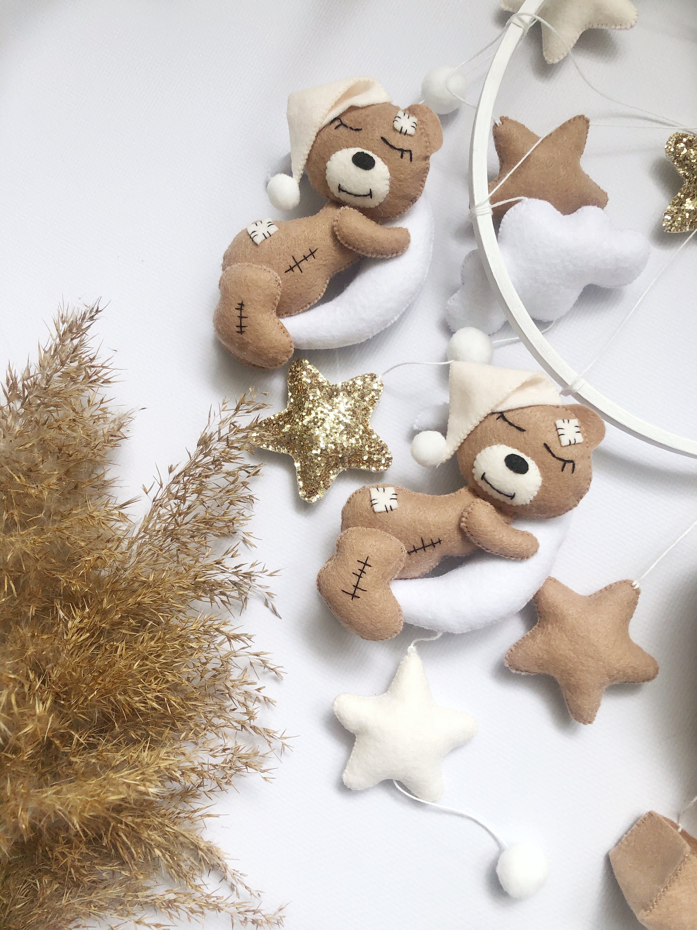 Teddy Bear Mobile,beige Gold Grey,baby Shower Gift,felt Ball Mobile ...