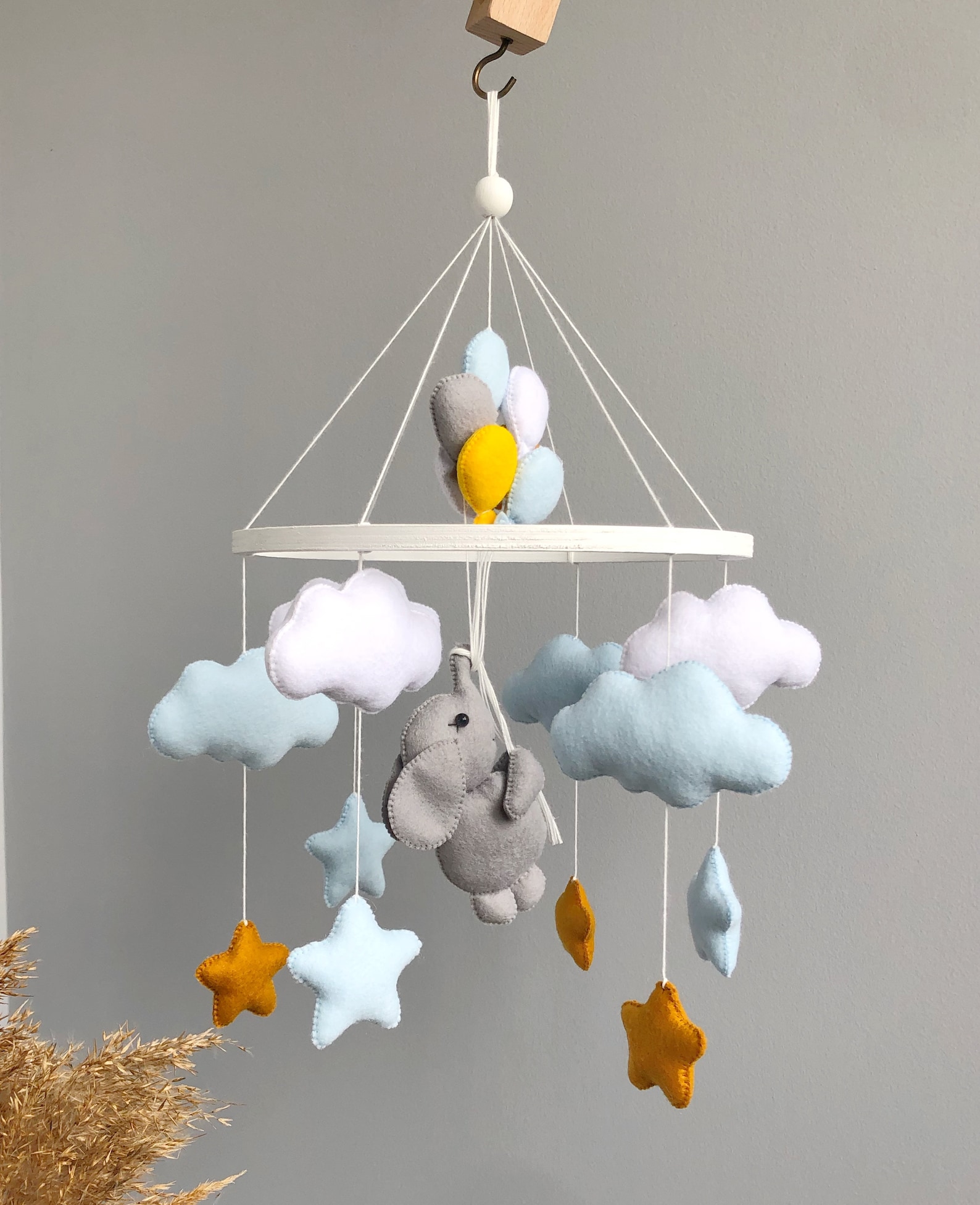 Baby Mobile With Elephant Balloons and Seagulls Nursery Decor Stars ...