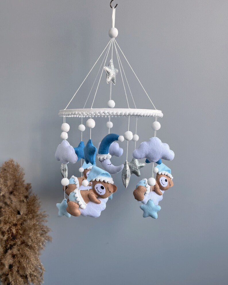 Teddy Bear Mobile,beige Gold Grey,baby Shower Gift,felt Ball Mobile ...