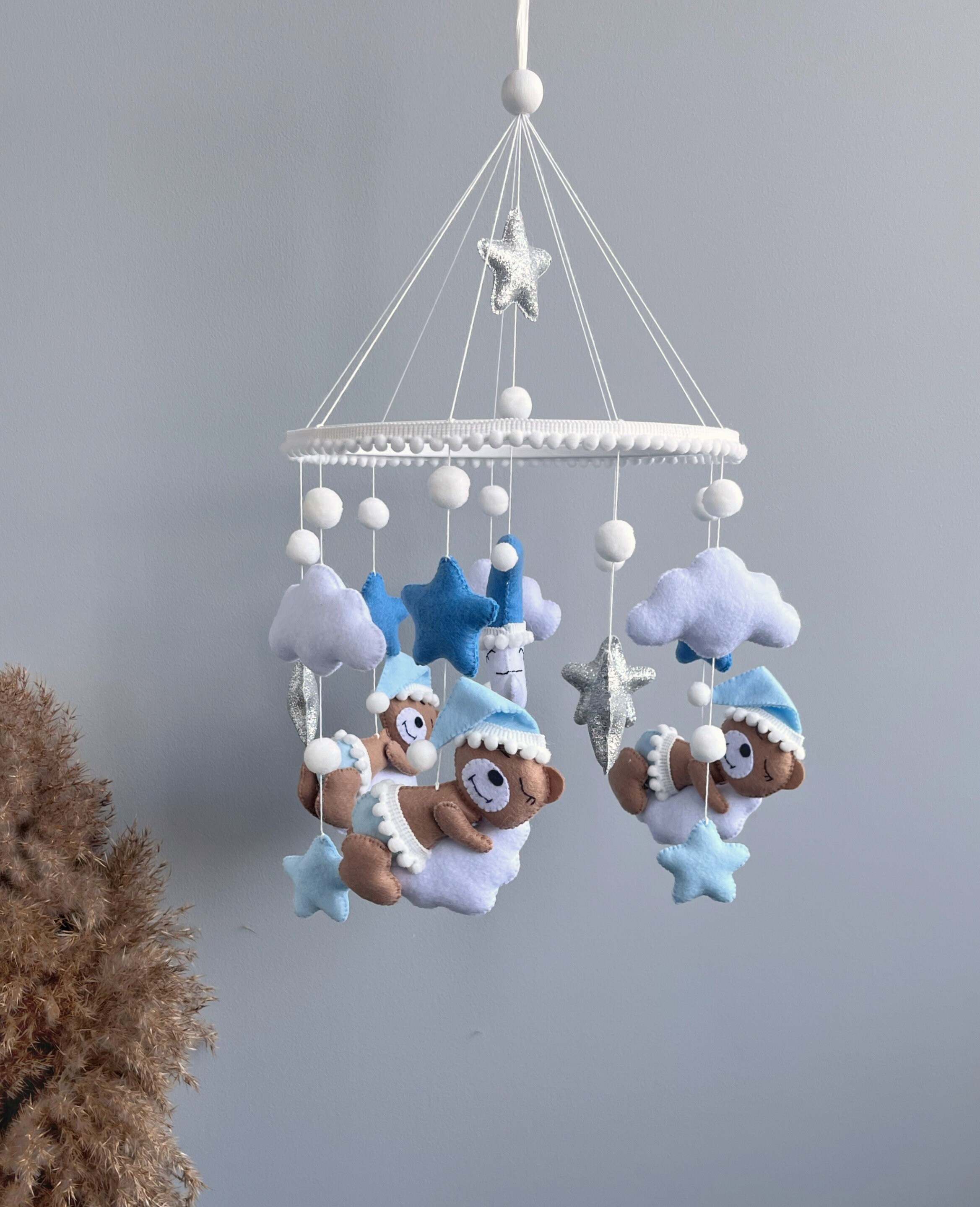 Teddy Bear Mobile,beige Gold Grey,baby Shower Gift,felt Ball Mobile ...