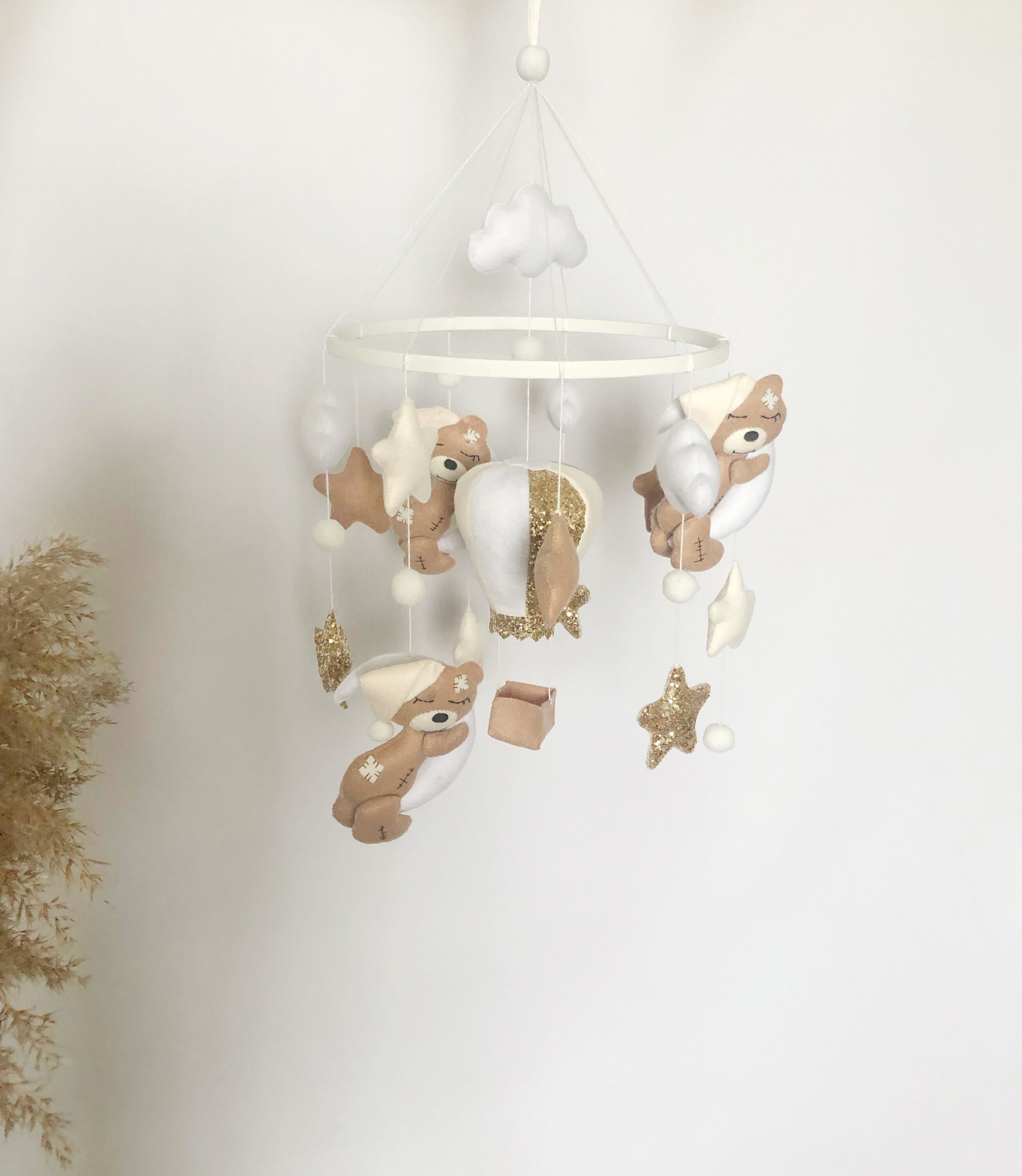 Teddy Bear Mobile,beige Gold Grey,baby Shower Gift,felt Ball Mobile ...