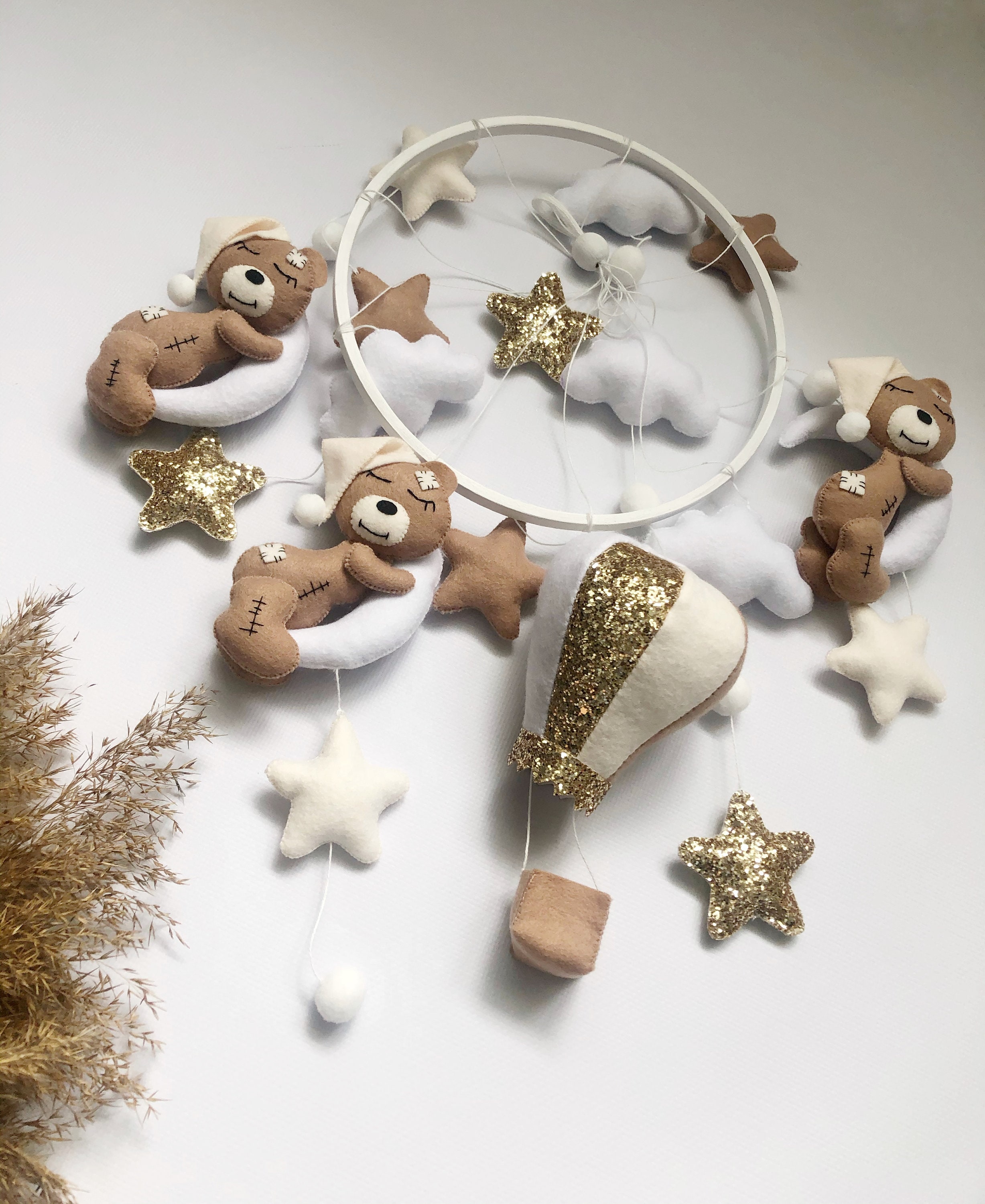 Teddy Bear Mobile,beige Gold Grey,baby Shower Gift,felt Ball Mobile ...