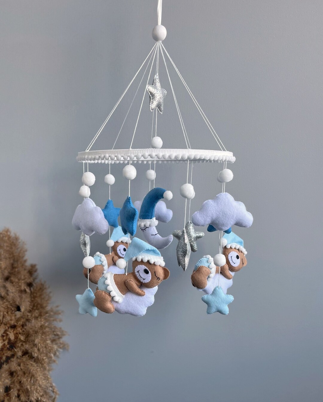 Teddy Bear Mobile,beige Gold Grey,baby Shower Gift,felt Ball Mobile ...