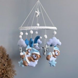 Teddy Bear Mobile,beige Gold Grey,baby Shower Gift,felt Ball Mobile ...