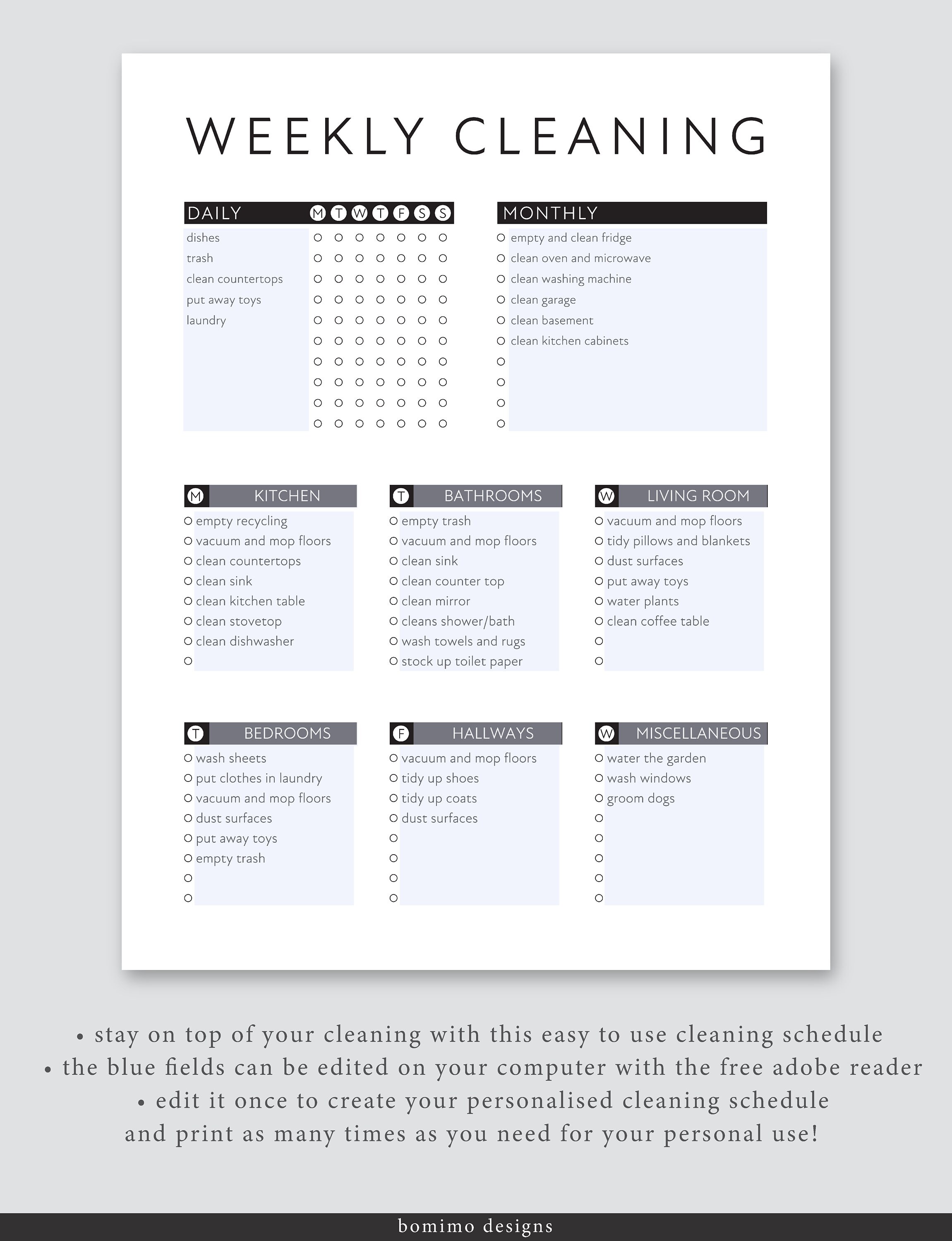Editable Cleaning Checklist Printable PDF Weekly Cleaning Etsy