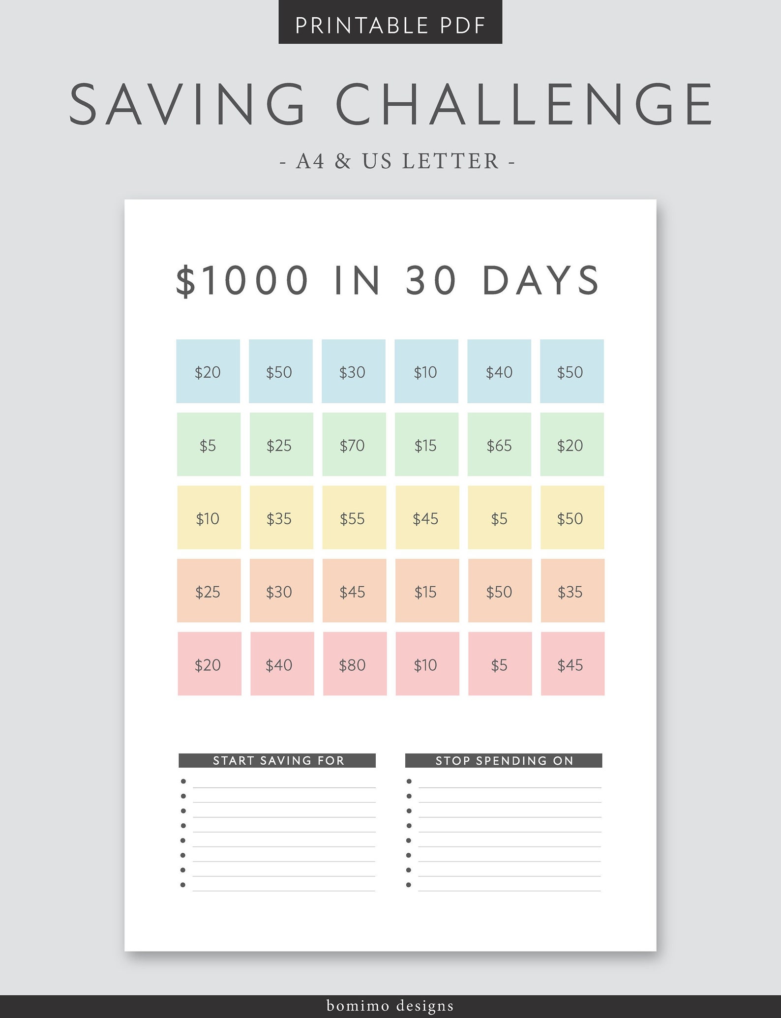 Money Saving Challenge Printable Save 1000 In 30 Days Etsy