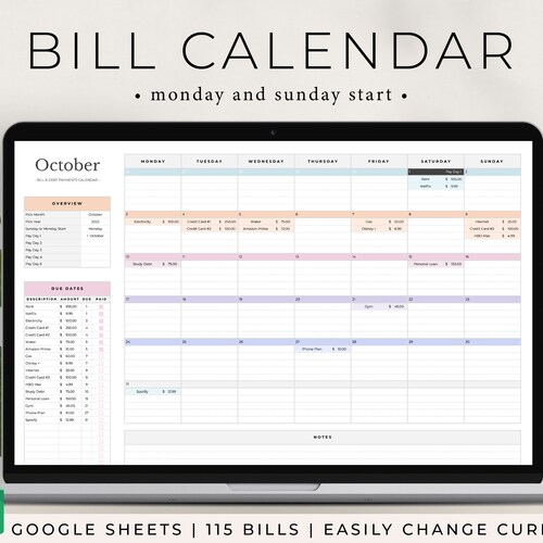Bill Calendar Spreadsheet Google Sheets Bill Tracker Monthly - Etsy