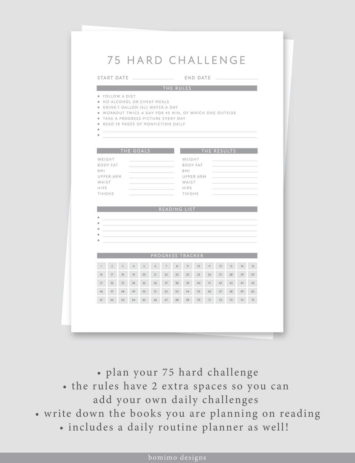 75 Hard Challenge Printable Journal 75 Days Hard Habit | Etsy