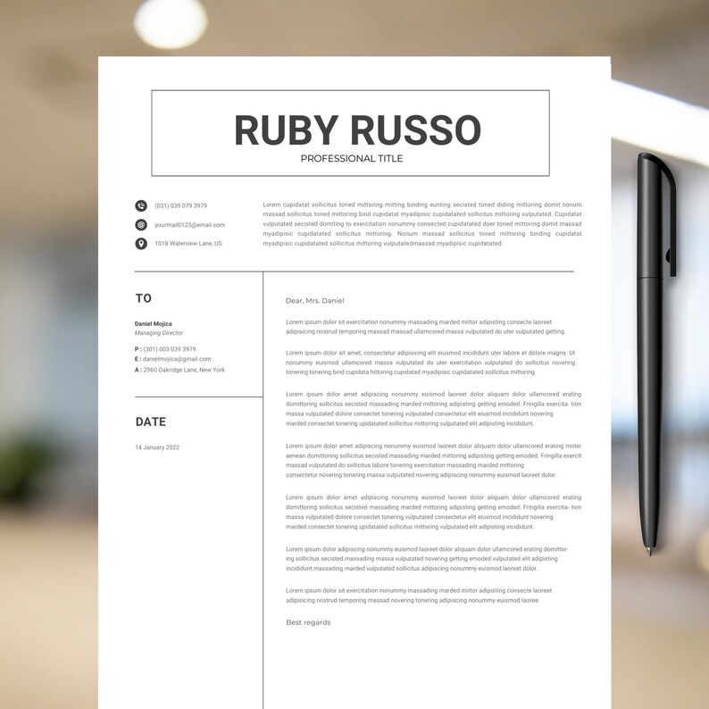 Simple One-page Resume Template Professional CV Cover Letter Minimalist ...