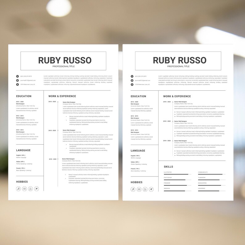 Simple One-page Resume Template Professional CV Cover Letter Minimalist ...