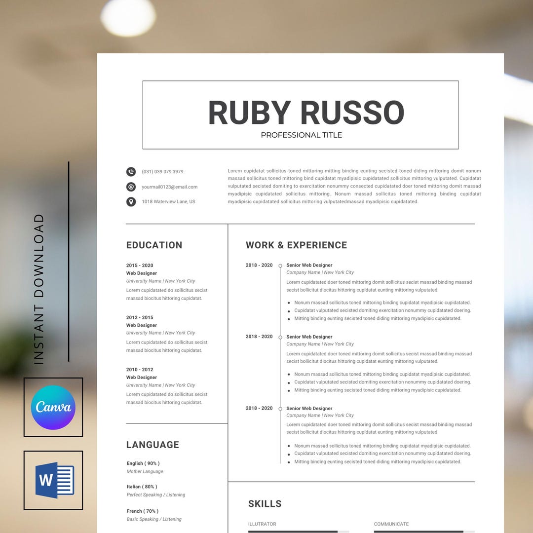 Simple One-page Resume Template Professional CV Cover Letter Minimalist ...