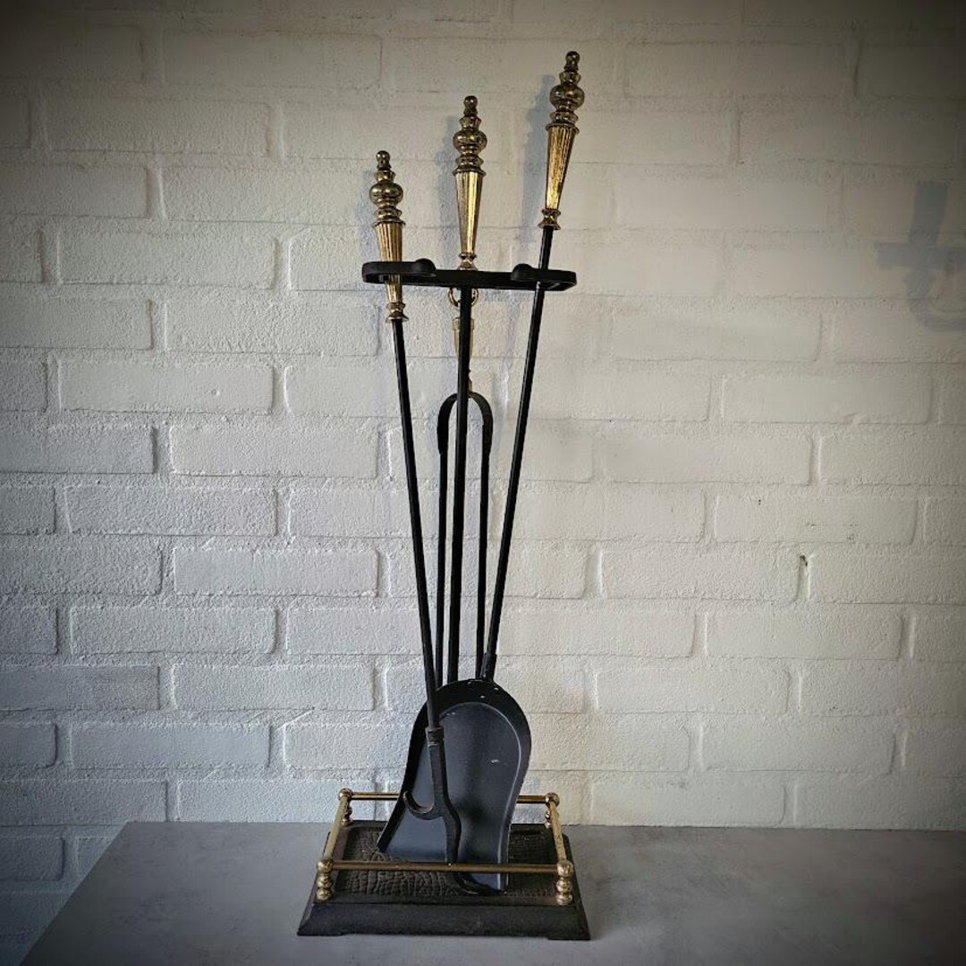 Vintage Fireplace Tools Set Black and Gold Iron and Brass, Companion ...
