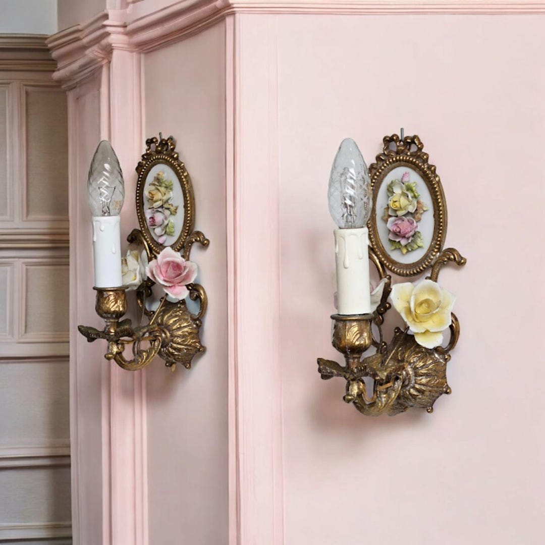 Pair of Italian Sconces Capodimonte Ceramic Flowers and Brass Bow Louis ...