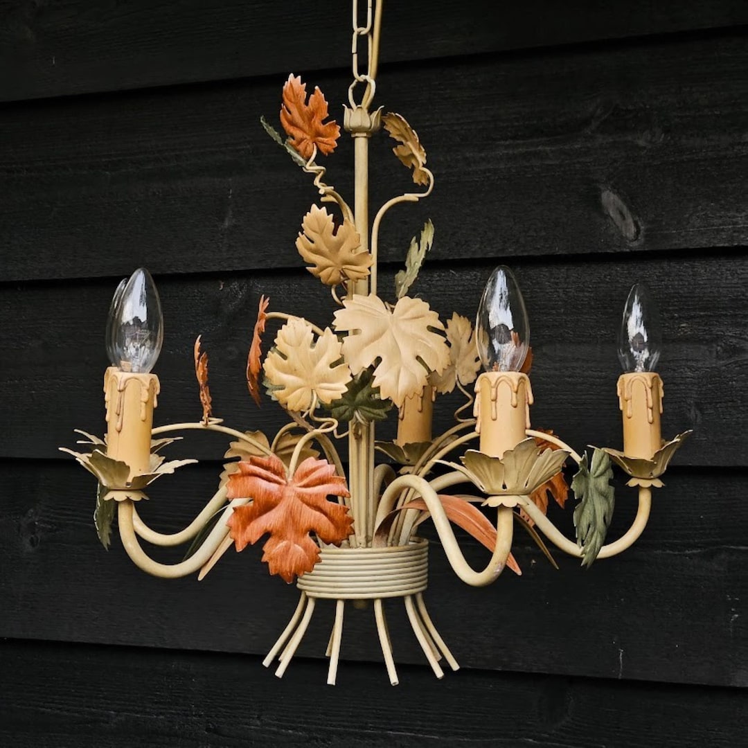 Tole Chandelier Grapevine Leaves in Beige, Orange , Green Tones, 5 Arms ...
