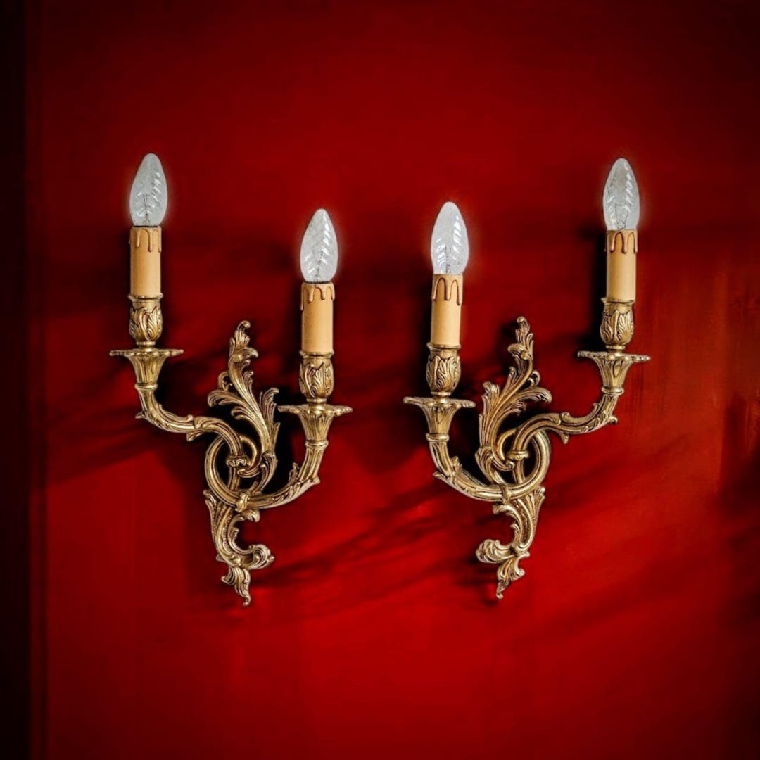 Pair of Gold Double Sconces Rococo Style Louis XV, Pair of French Wall ...