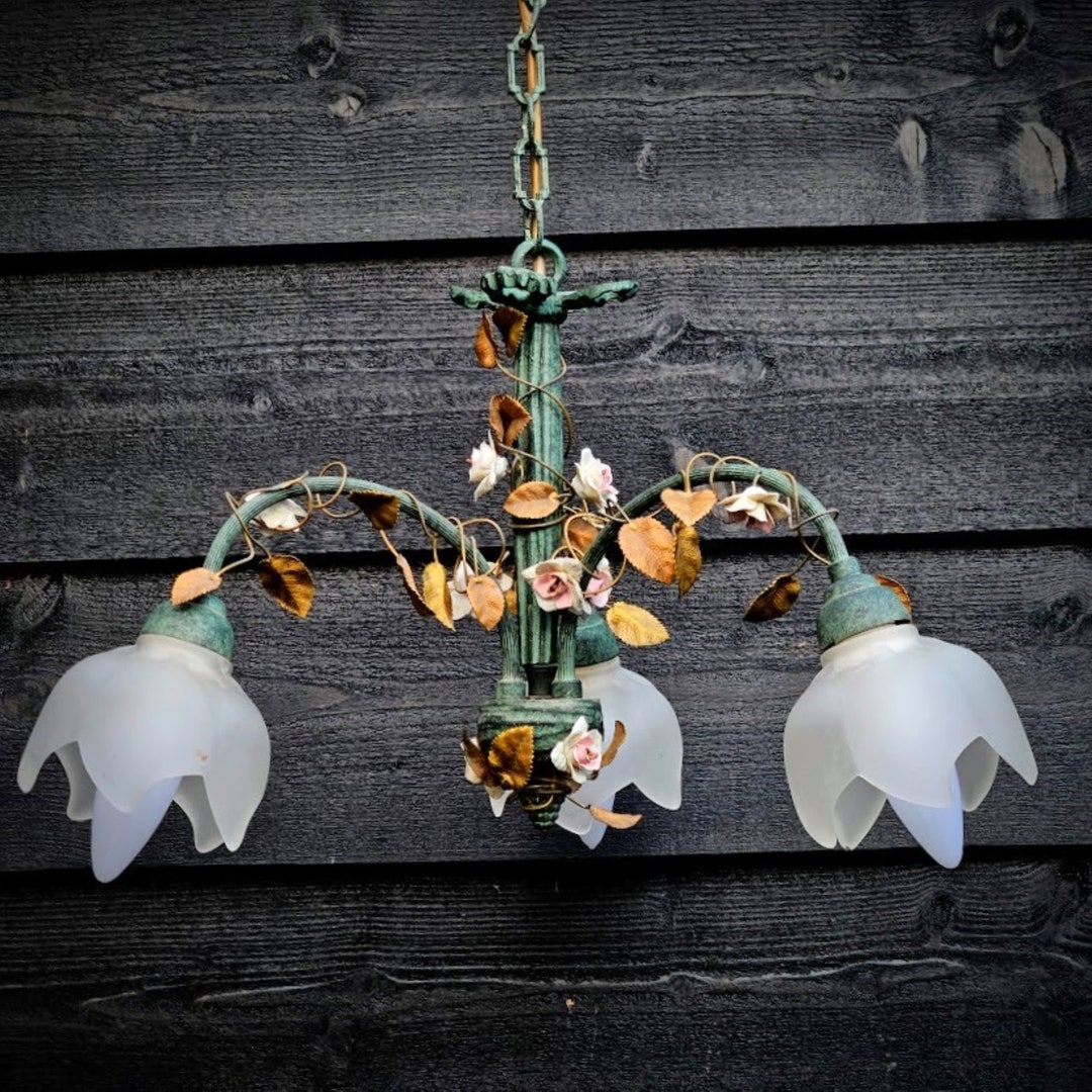 Green Cast Bronze Chandelier With Porcelain Roses, Gold Leaves, Frosted ...