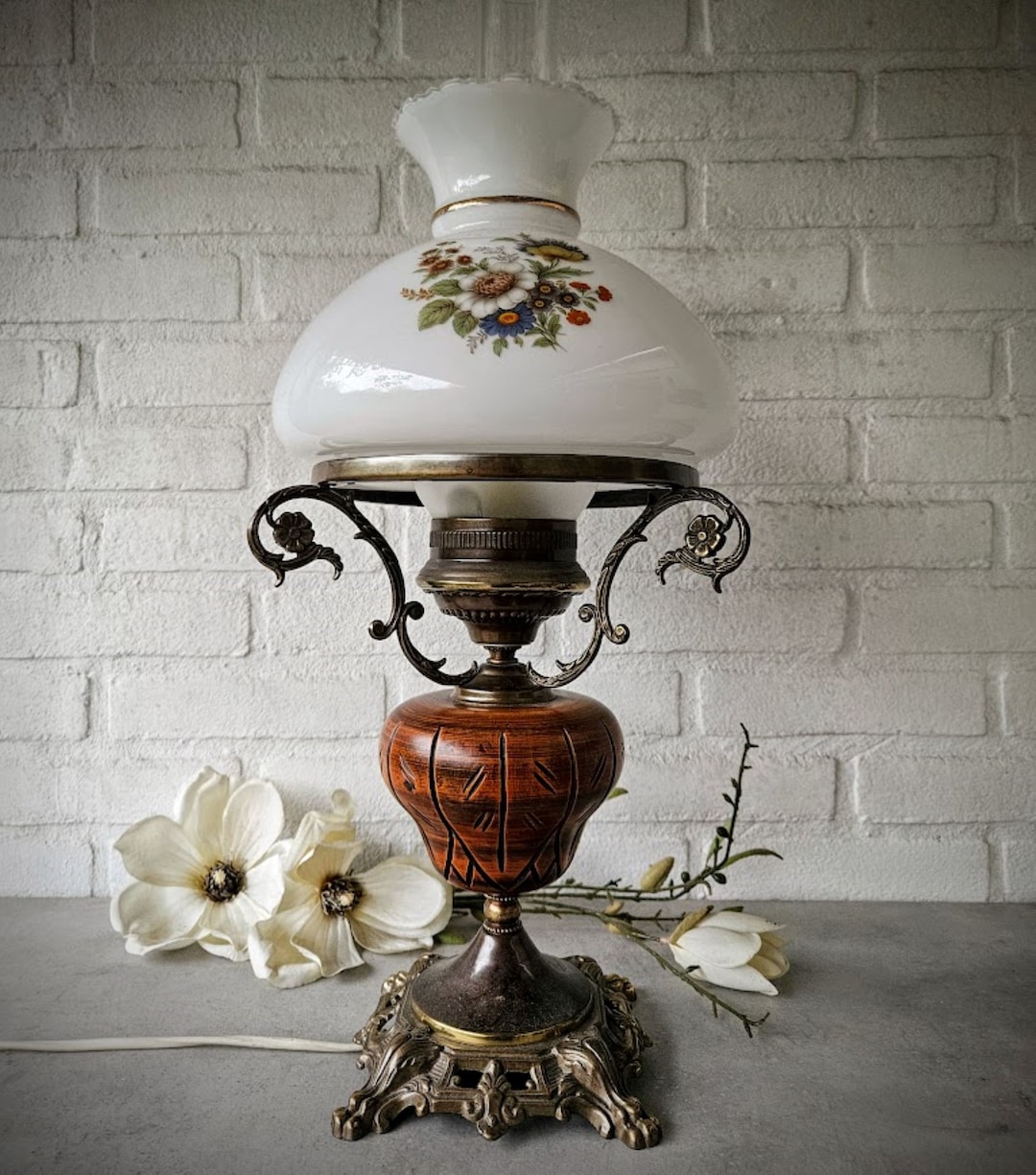 Antique Rustic Table Lamp From Wood and Brass With Oil Lamp Glass and ...