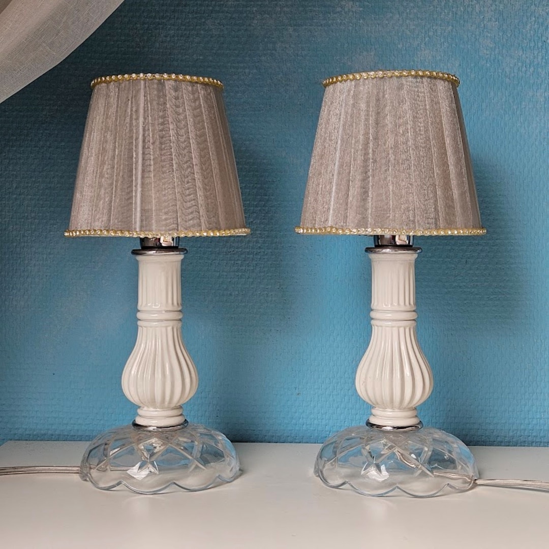 Pair of Small White Table Lamps From Clear Glass and Painted Glass With ...