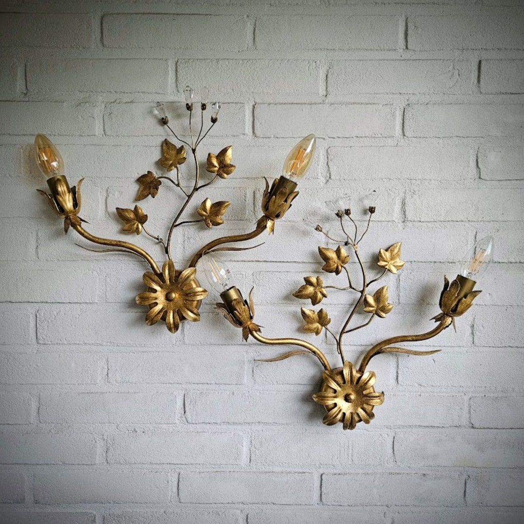 Italian Tole Wall Sconces Light Gold With Ivy Leaves and Crystals 3 Pcs ...