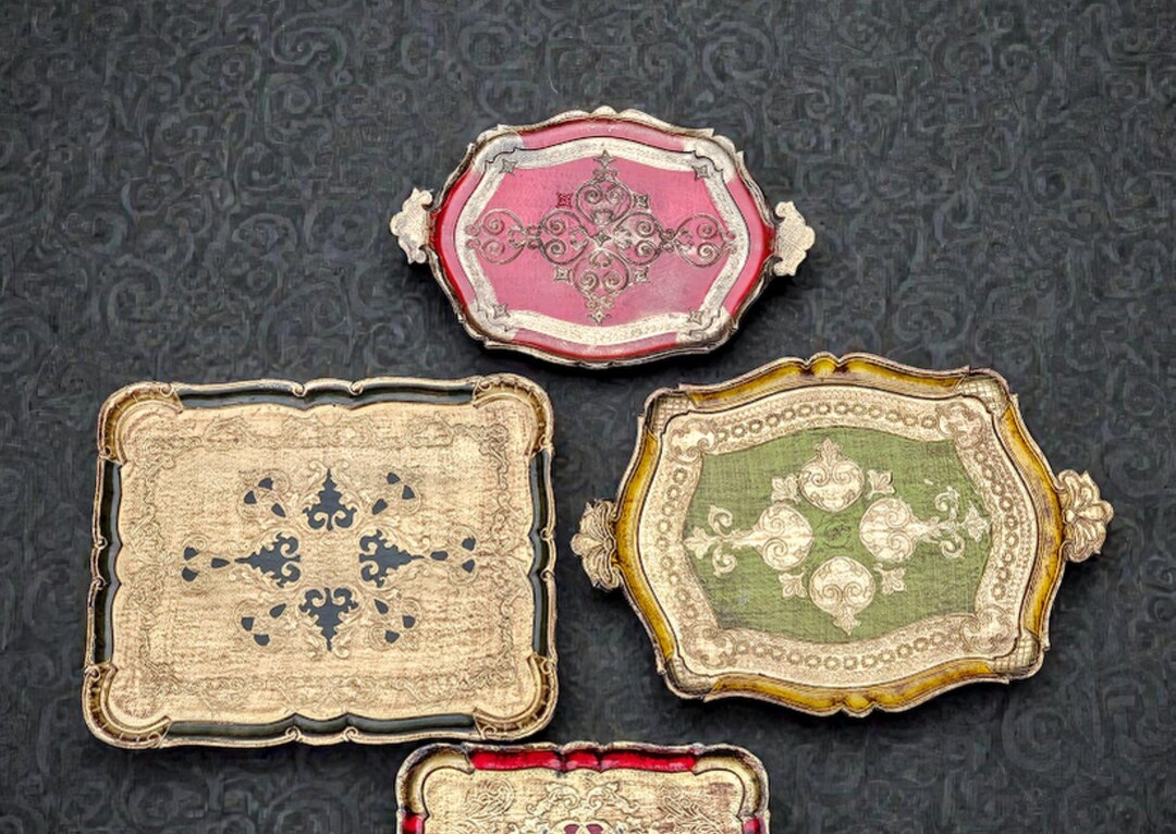 Set of 3 Italian Florentine Trays 1 Red and 2 Green Hand Painted and ...