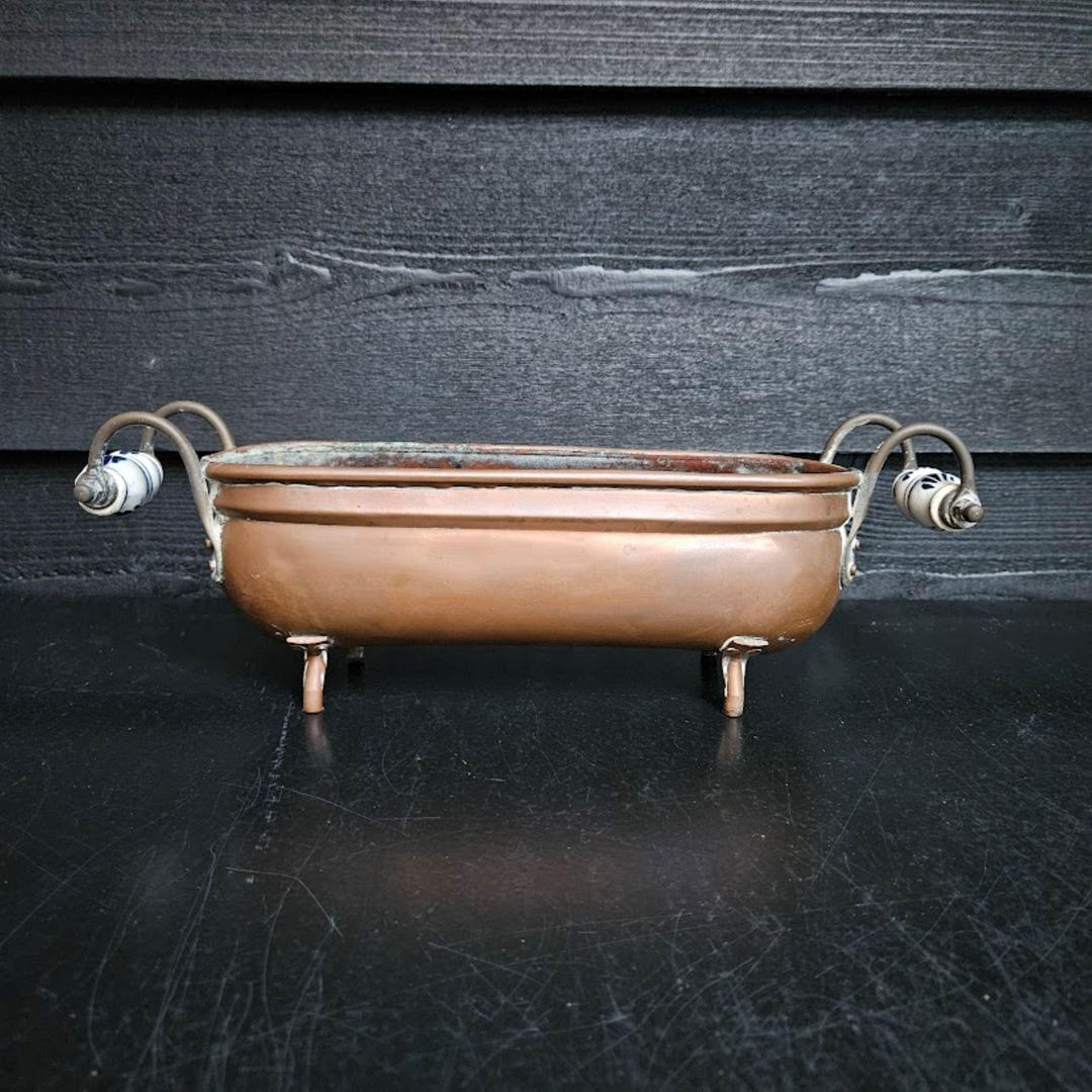 Small Long Copper French Footed Planter Delft Porcelain Handles ...