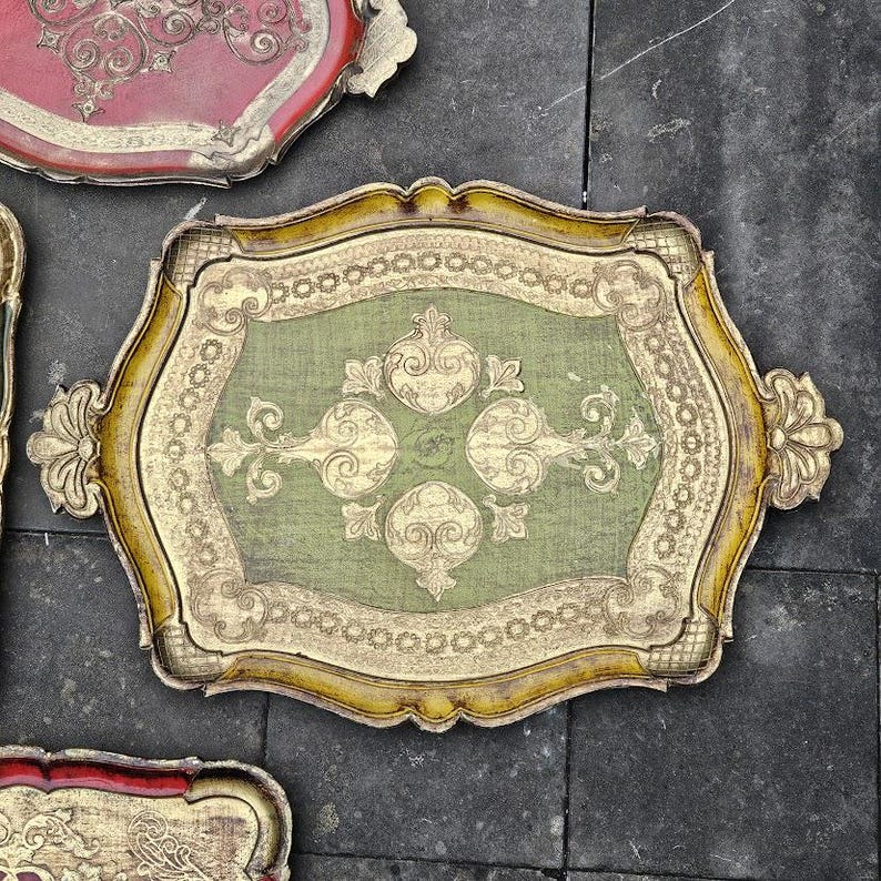 Set of 3 Italian Florentine Trays 1 Red and 2 Green Hand Painted and ...