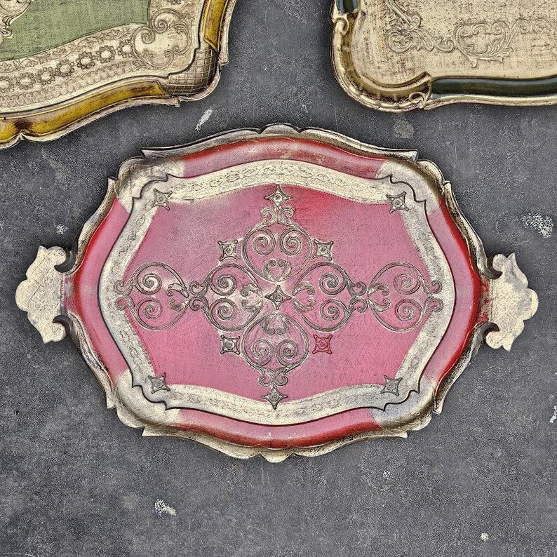Set of 3 Italian Florentine Trays 1 Red and 2 Green Hand Painted and ...