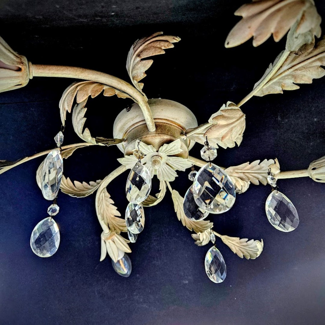 Flush Mount Ceiling Light Tole White With Glass Crystals and Acanthus ...
