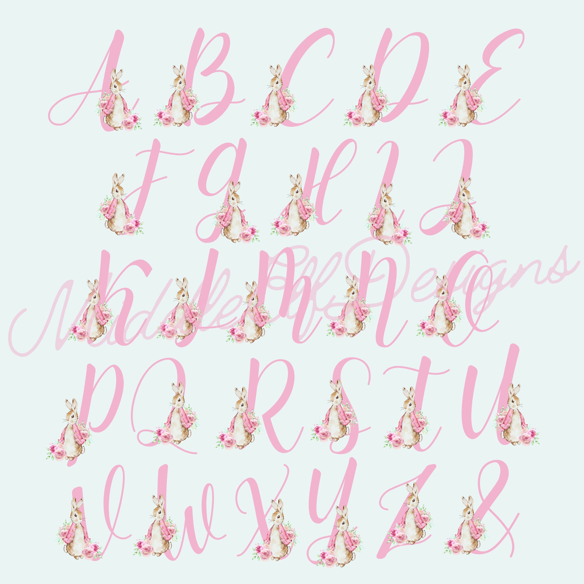 Watercolor Floral Pink Bunny Rabbit Alphabet, PNG Monogram Digital ...