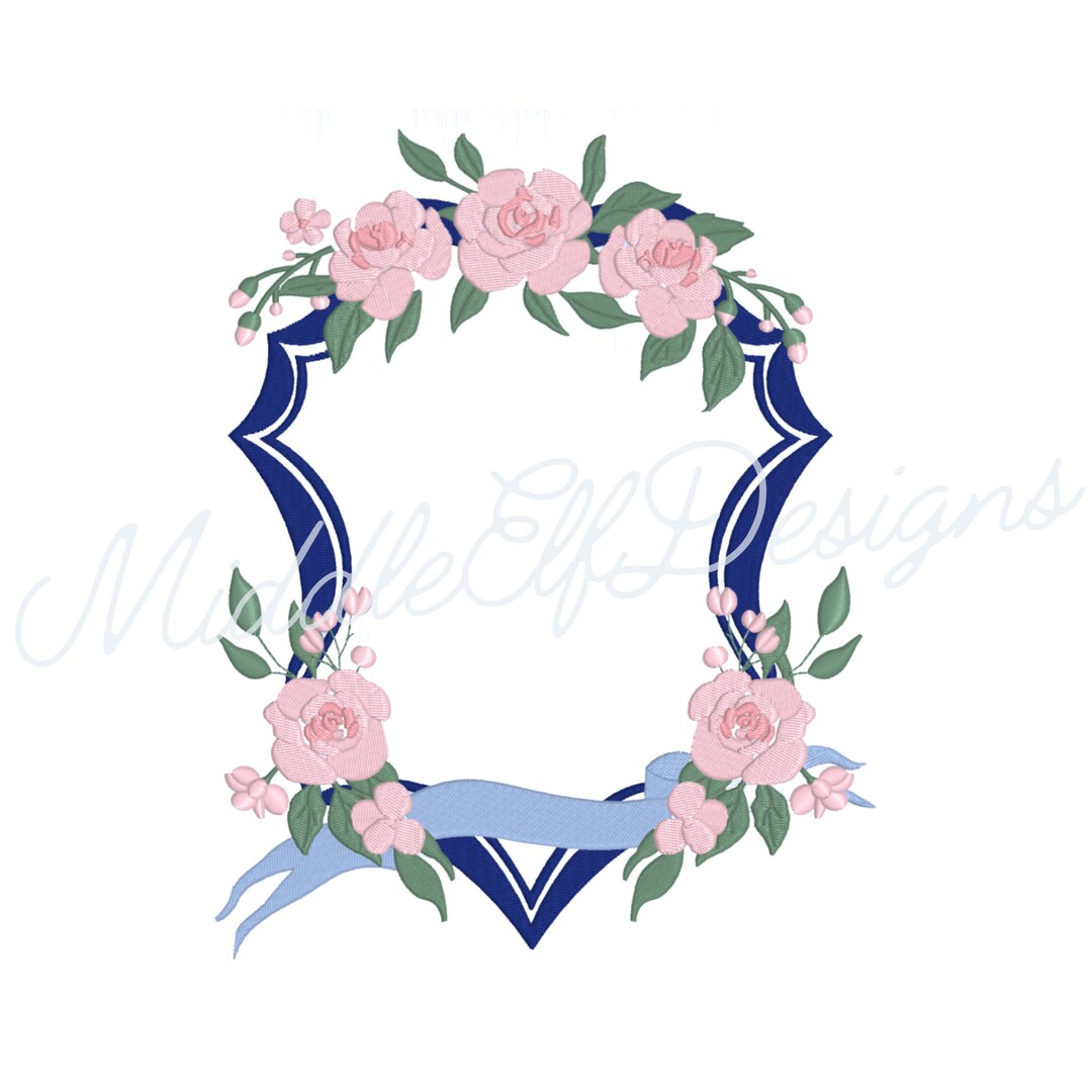 Floral Crest Machine Embroidery, Pink Wedding Flower Monogram Frame ...