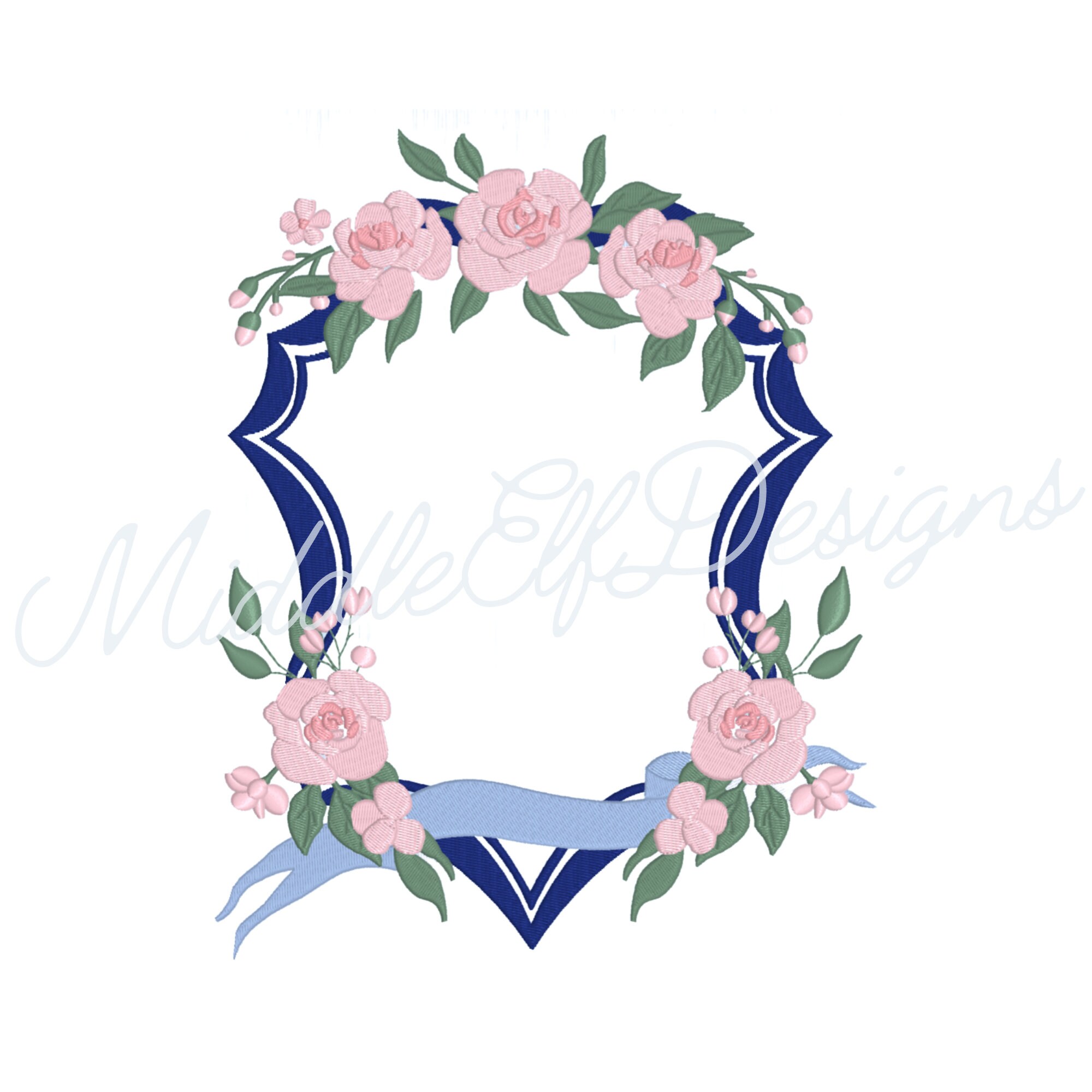 Floral Crest Machine Embroidery, Pink Wedding Flower Monogram Frame ...