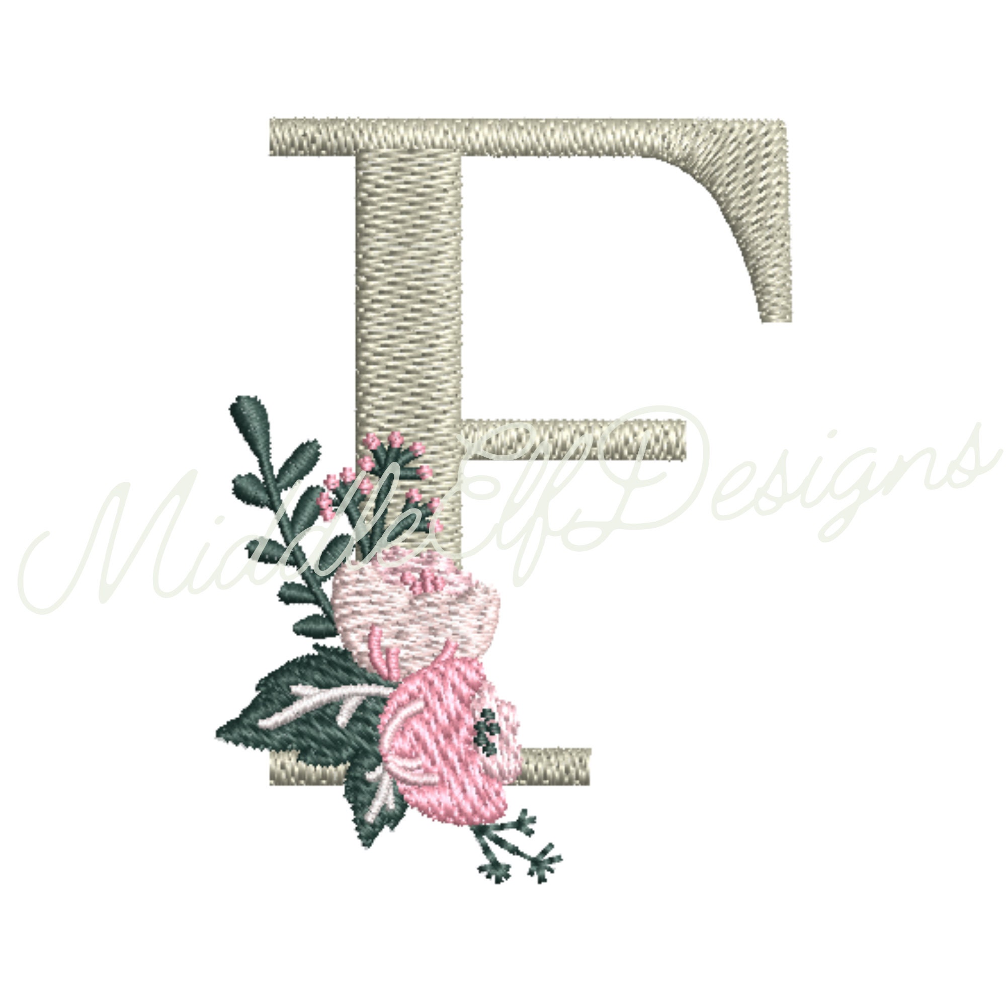 Alphabet F Letter Floral Flower Machine Embroidery, Pink Green Wedding ...