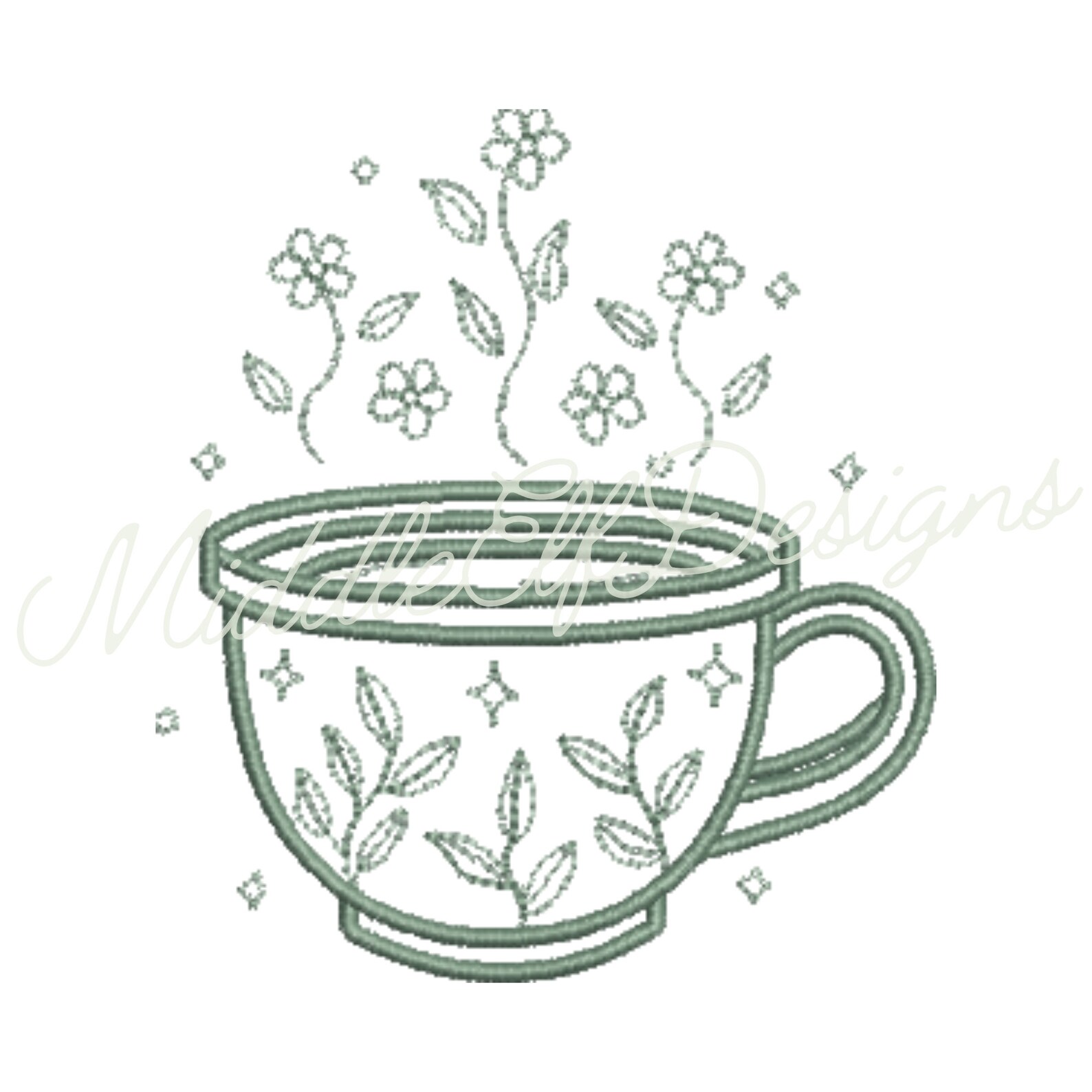 Floral Teacup Machine Embroidery, Spring Flower Monogram Tea Design ...