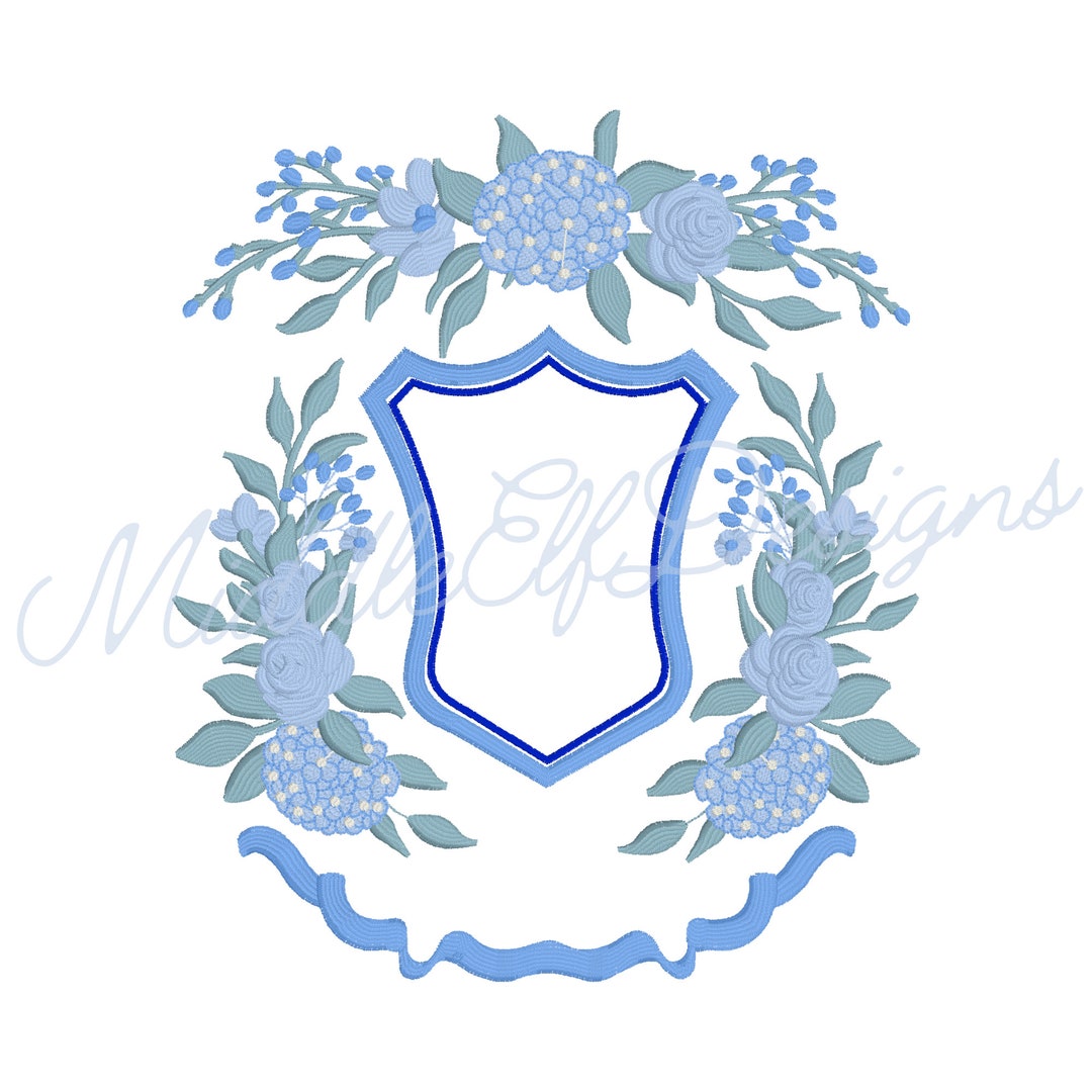 Floral Crest Machine Embroidery, Hydrangea Blue Wedding Flower Monogram ...