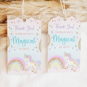 Unicorn Birthday Favor Tag, Pastel Unicorn and Rainbows Thank You Tag ...