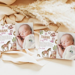 First Rodeo Birthday Thank You Card, Pink Western 1st Birthday Thank ...