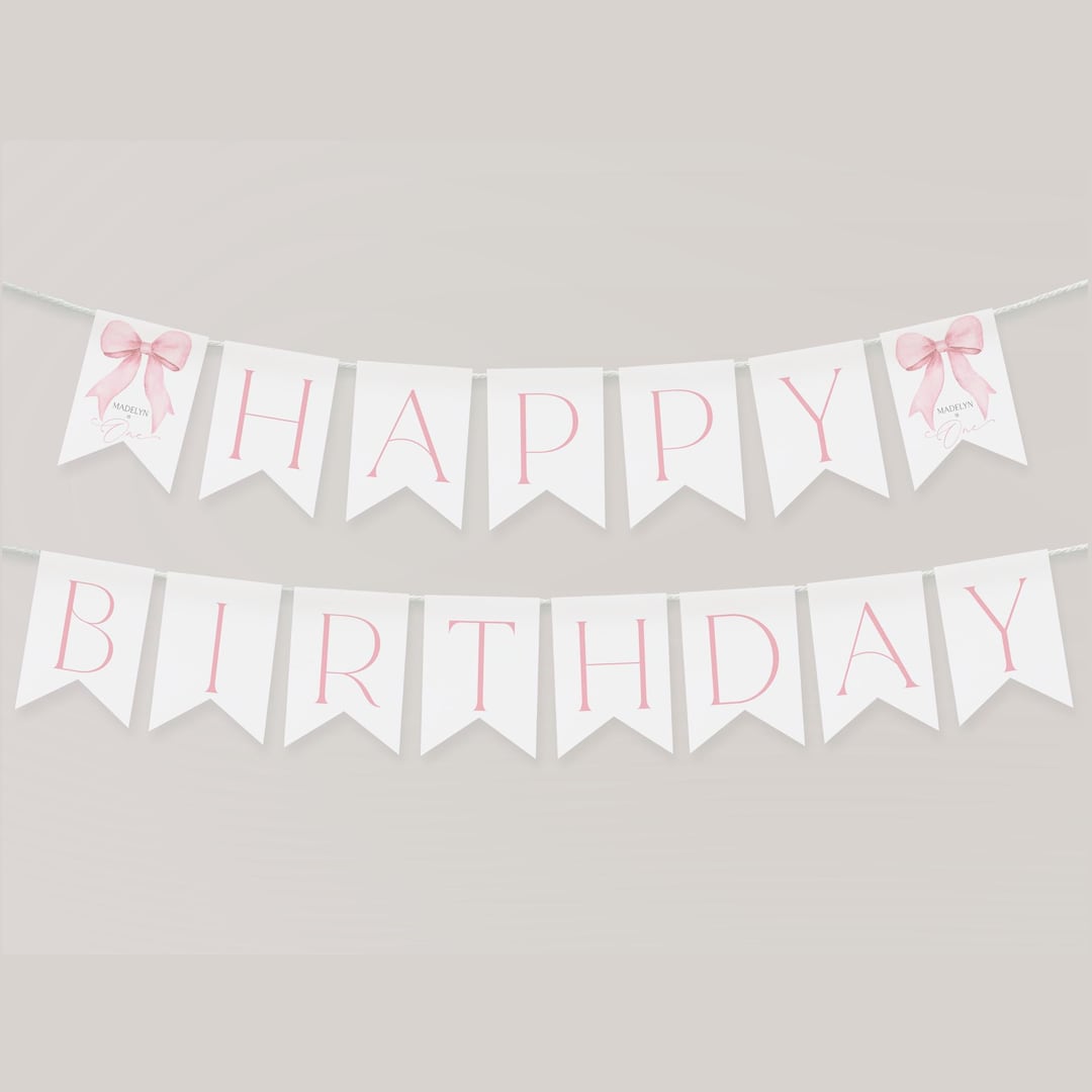 Pink Bow 1st Birthday Banner, Pink Coquette Bow, Happy Birthday Banner ...
