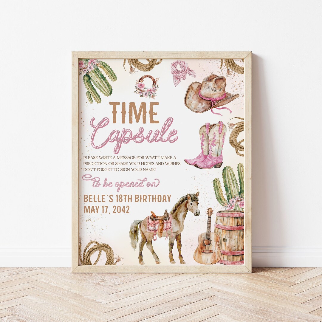 Western Time Capsule, Pink 1st Rodeo Birthday Time Capsule Sign ...