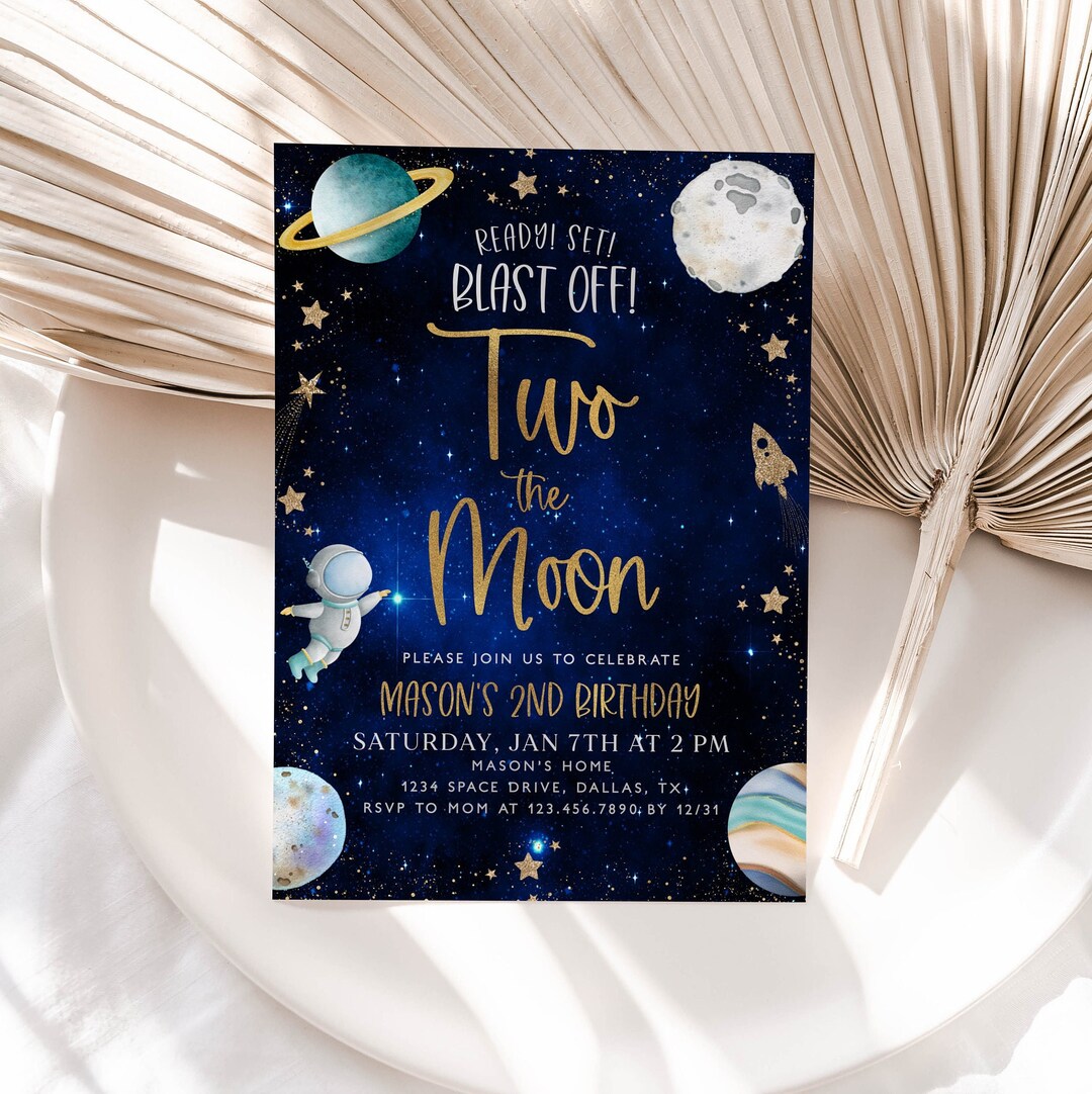 Two the Moon Birthday Invitation Boy, Outer Space Birthday, Space ...