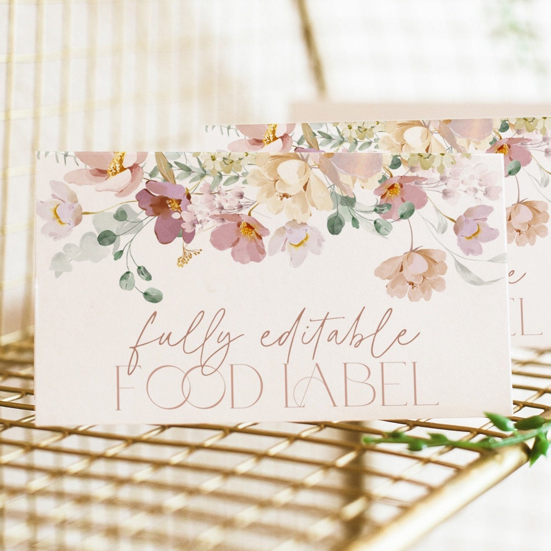 Pink Floral Food Labels, Floral Bridal Shower Food Label Card, Spring ...