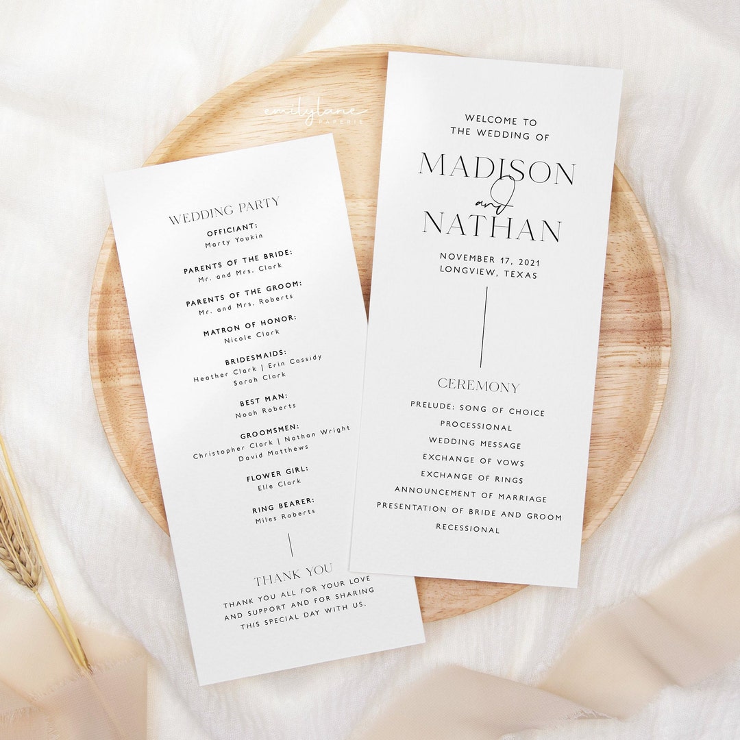 Minimalist Wedding Program Template, Modern Wedding Program, Simple ...