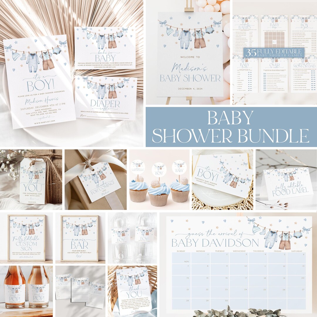 Blue Clothesline Baby Shower Invitation Bundle Boy, Boy Clothes Baby ...