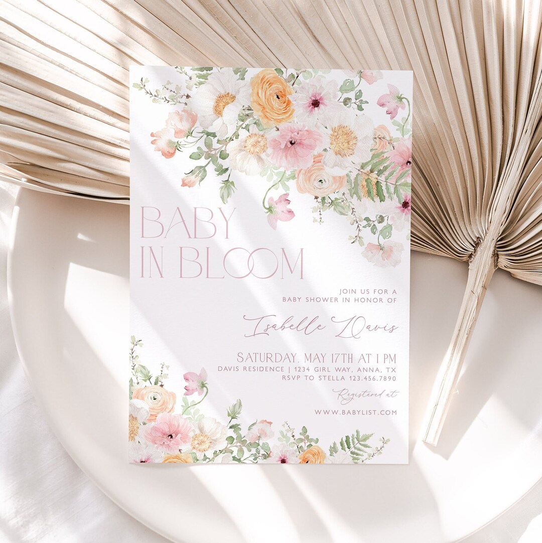 Baby in Bloom Invitation, Floral Baby Shower Invitation, Peach Pink Flower Invitation, Spring ...